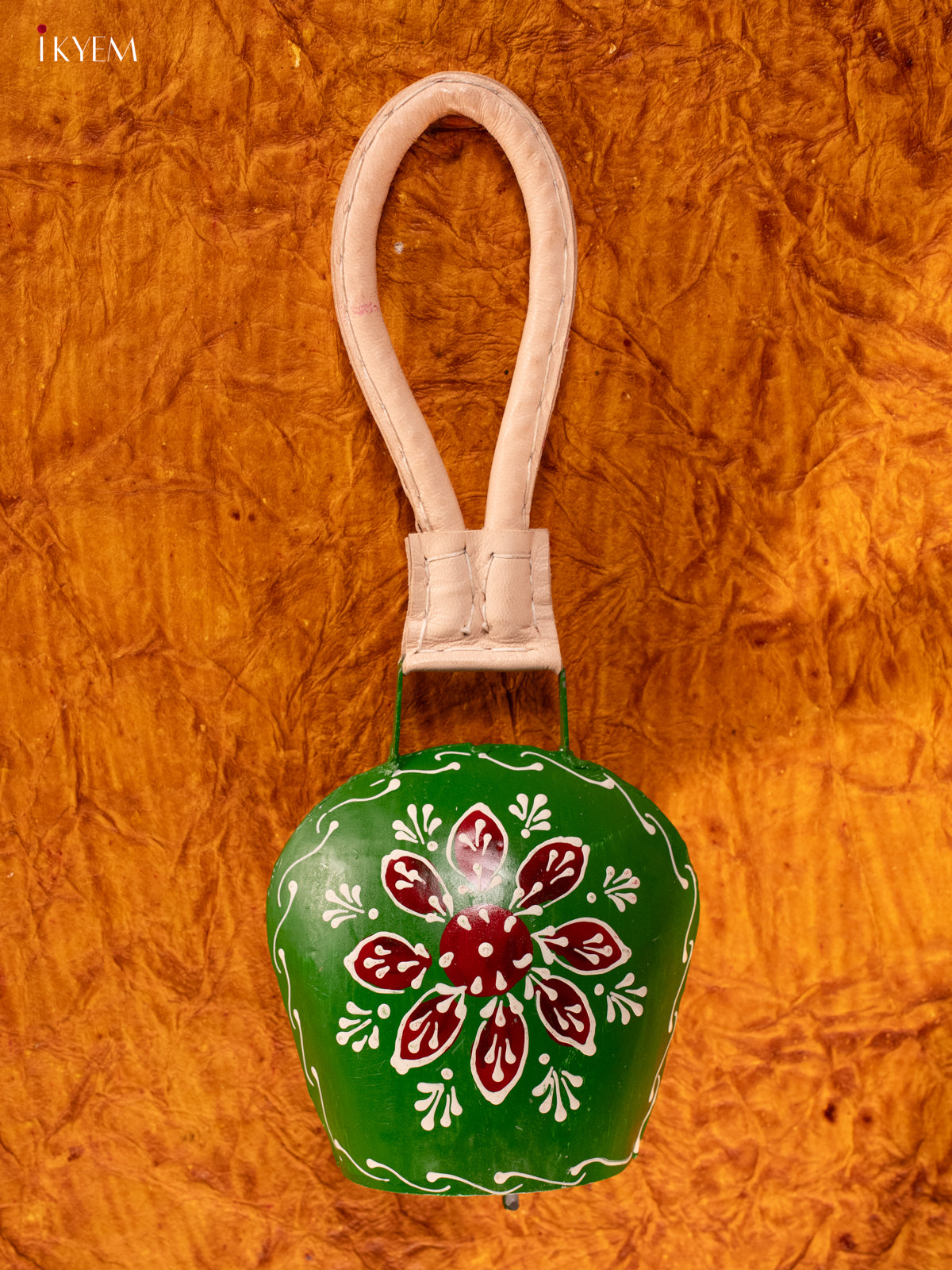 Hand Painted Cow Bell with Leather Handle - Medium - Parrot Green - KA