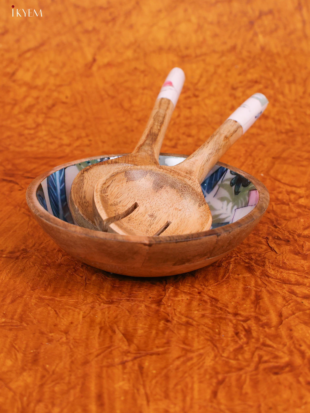 Wooden crockery Bowl Small Fork With Spoon Set - Blue with Pink -KA221