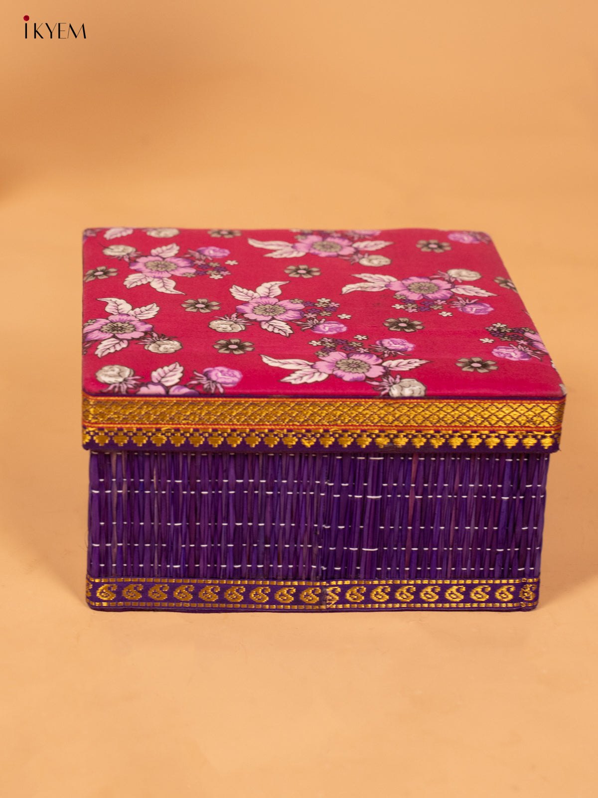 Foldable Korai Box with Kalamkari Fabric Top- Purple 4 Inch- KB26113