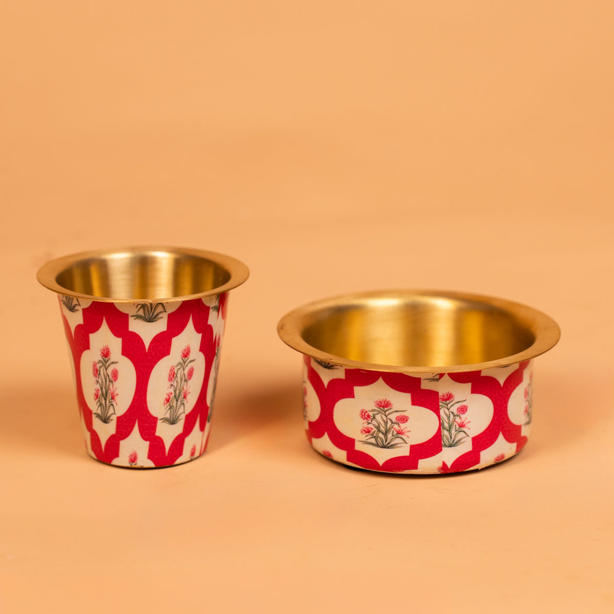 Floral Digital Printed Brass Coffee Dabara Set - 3 Inches - KD12123 – Ikyem