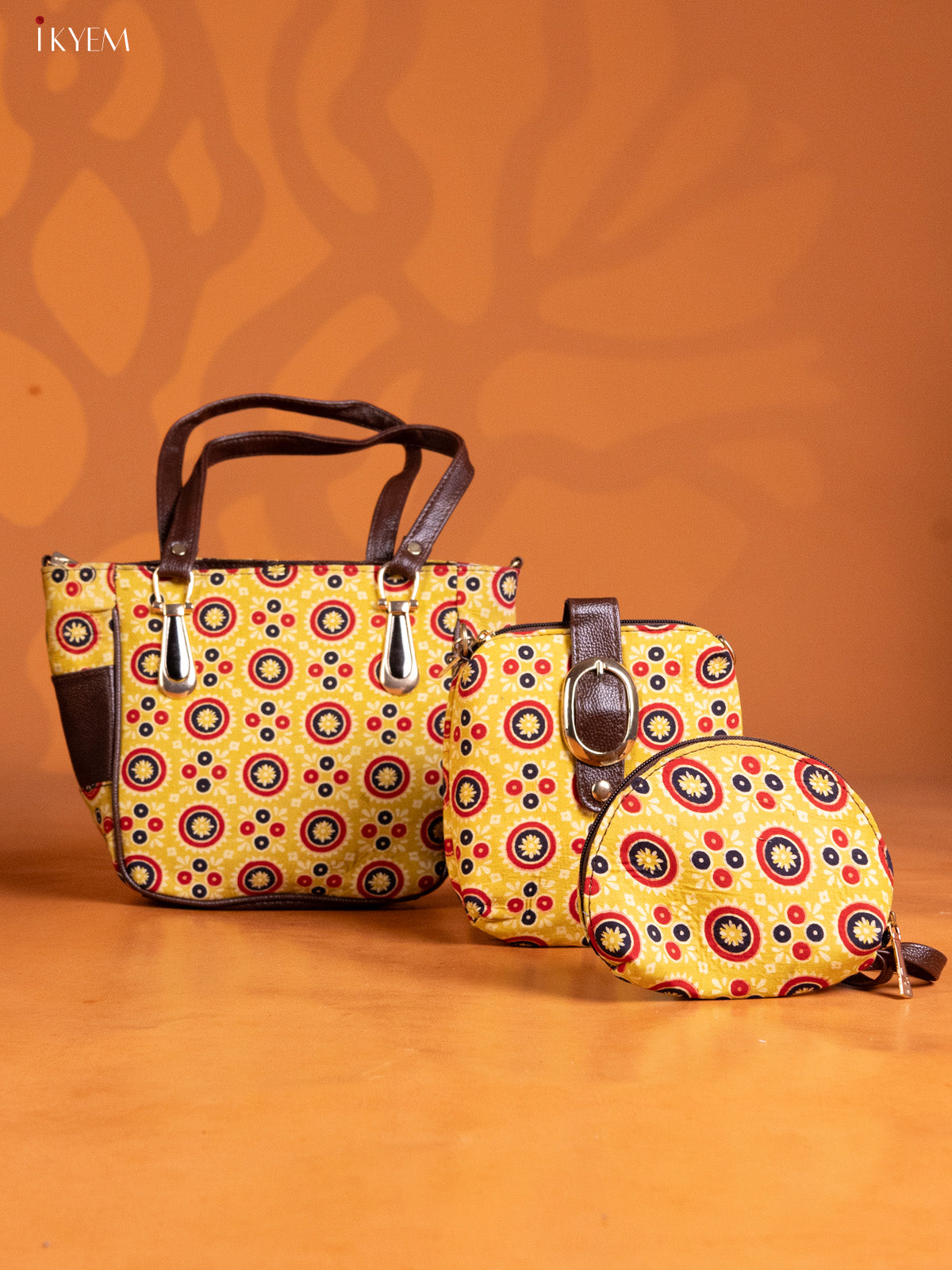 Cotton Floral Design Handbag Combo Set - Yellow - KE16329