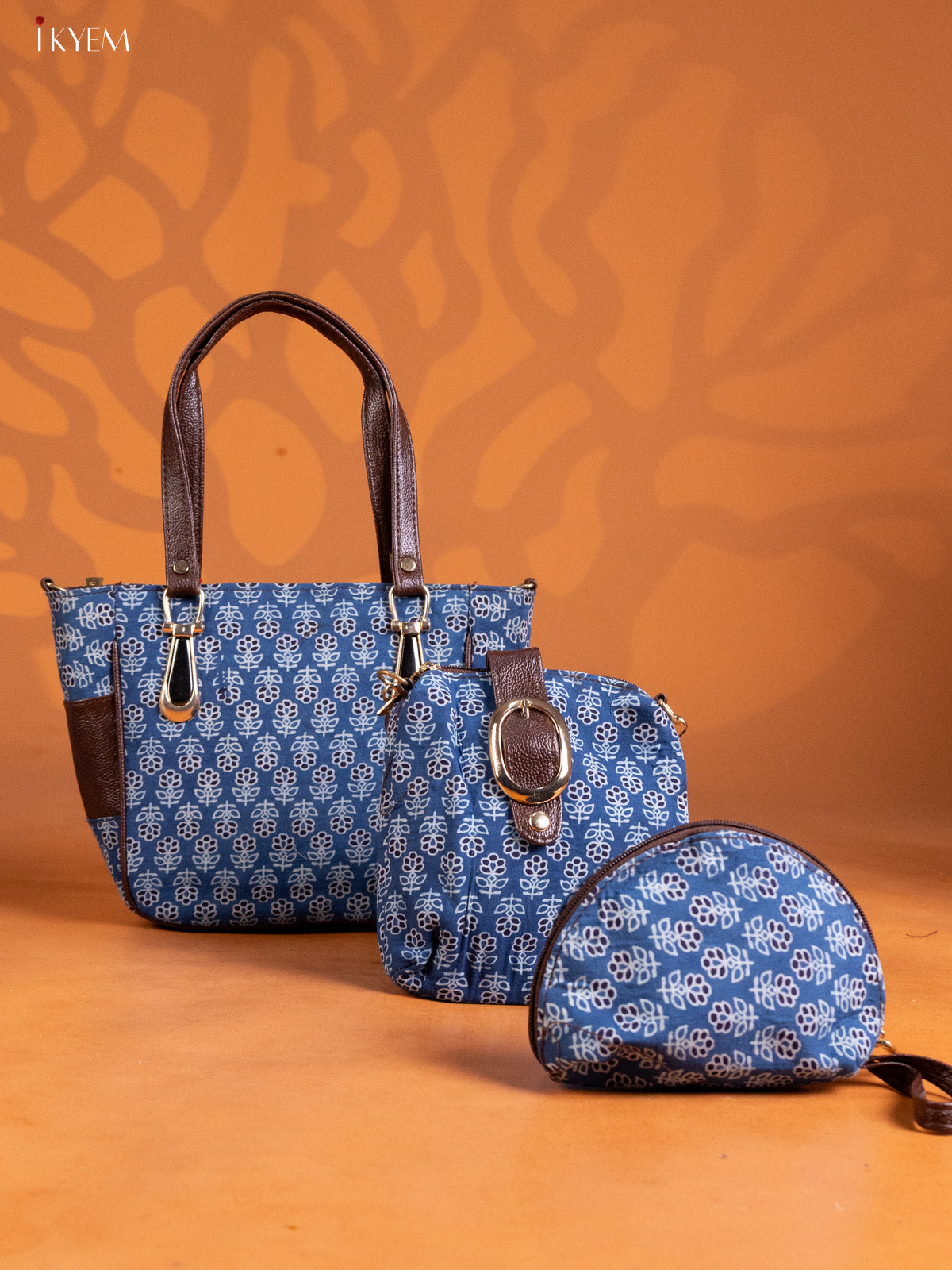 Cotton Floral Design Handbag Combo Set - Indigo Blue - KE16331