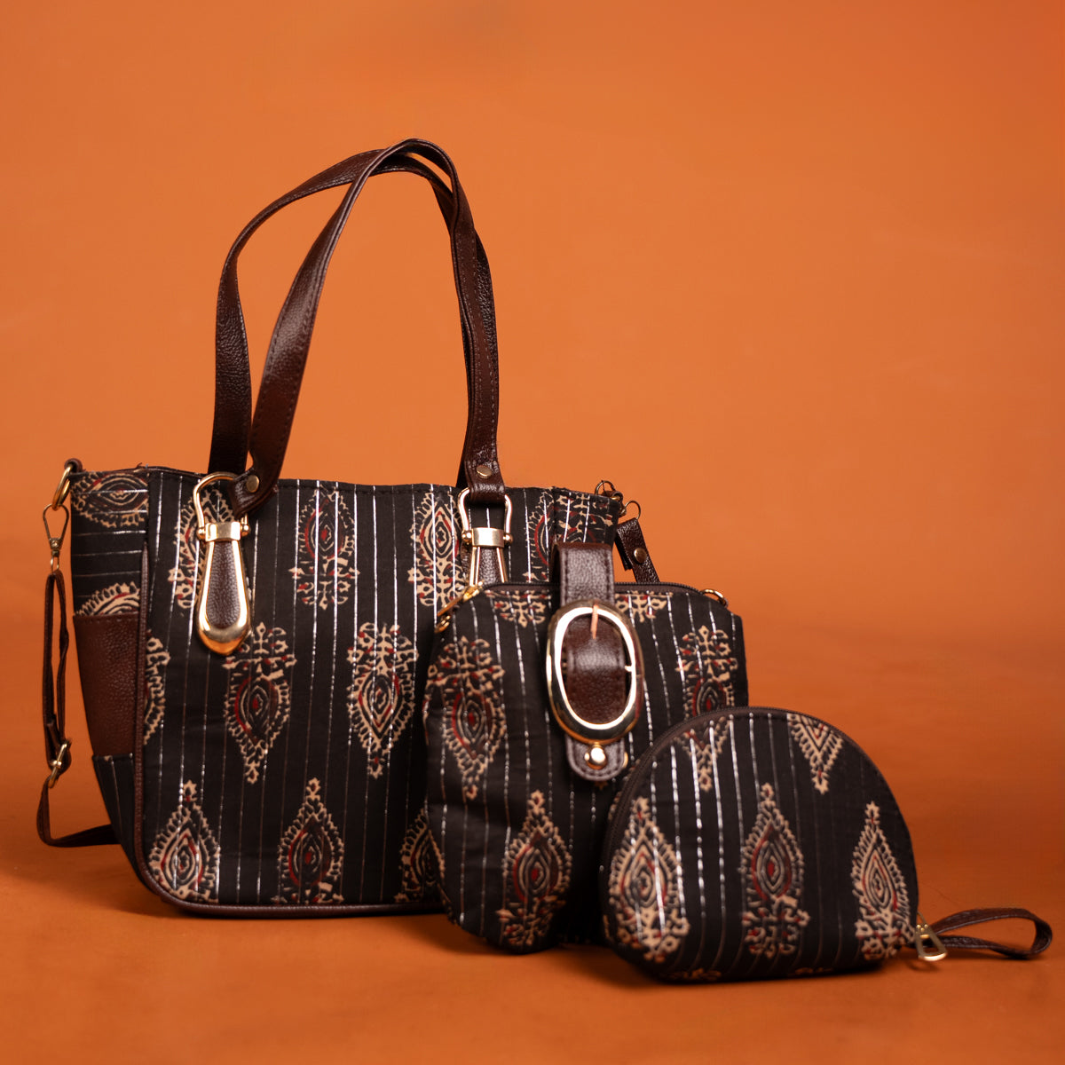 Cotton Floral Design Handbag Combo Set - Black - KE16334 – Ikyem