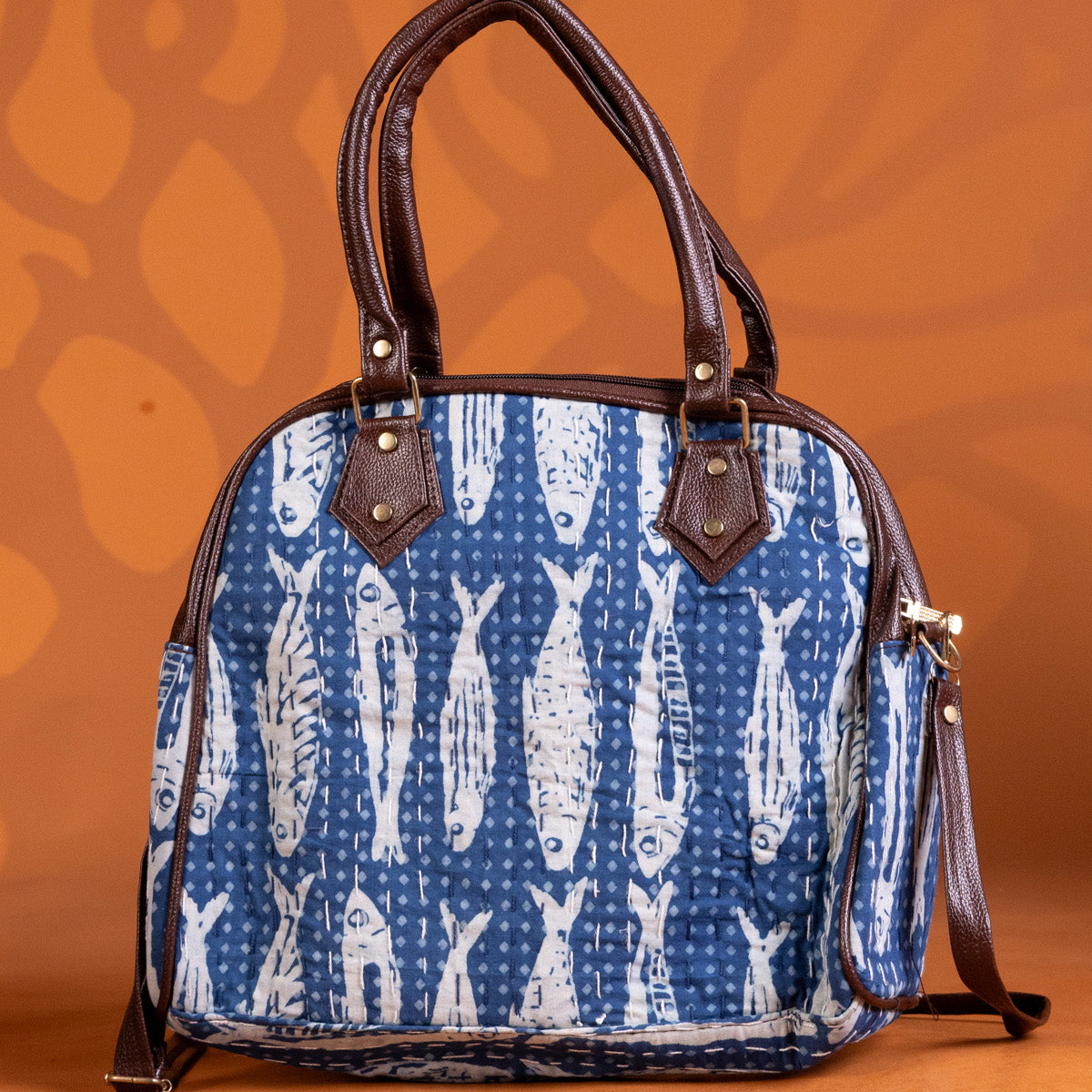 Fish Printed Handbag with Detachable Shoulder Strap - Blue - KE16338 ...