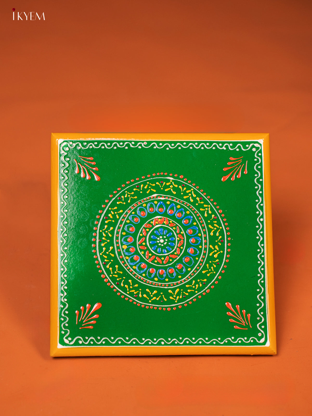 Green Hand-Painted Wooden Manai with Traditional Kolam Design (8*8)