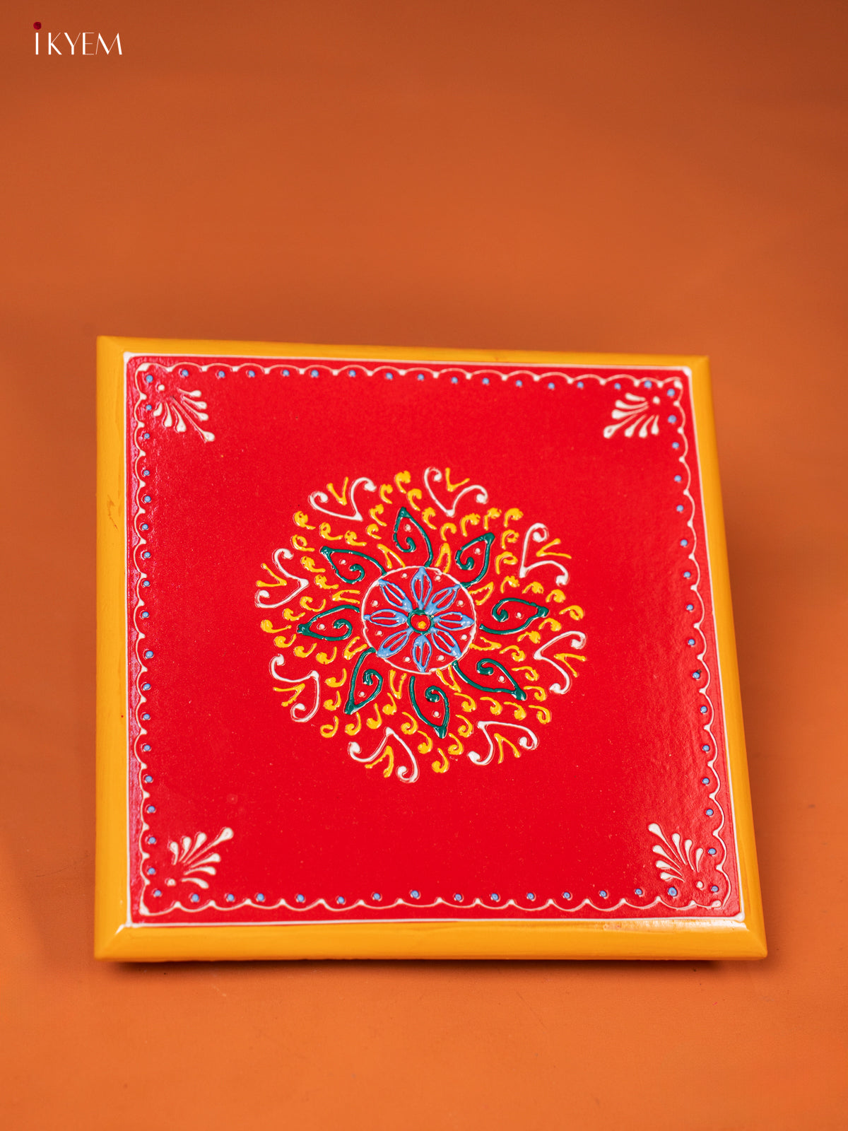 Red Hand-Painted Wooden Manai with Traditional Kolam Design (8*8) - KE