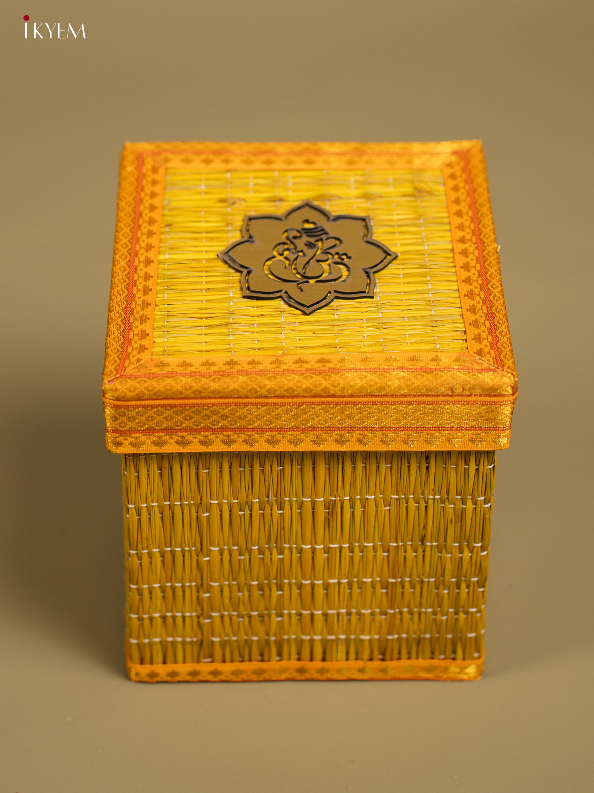 Korai Gift Box with Net Potli with Ganesha Motif -6 Inch- Yellow