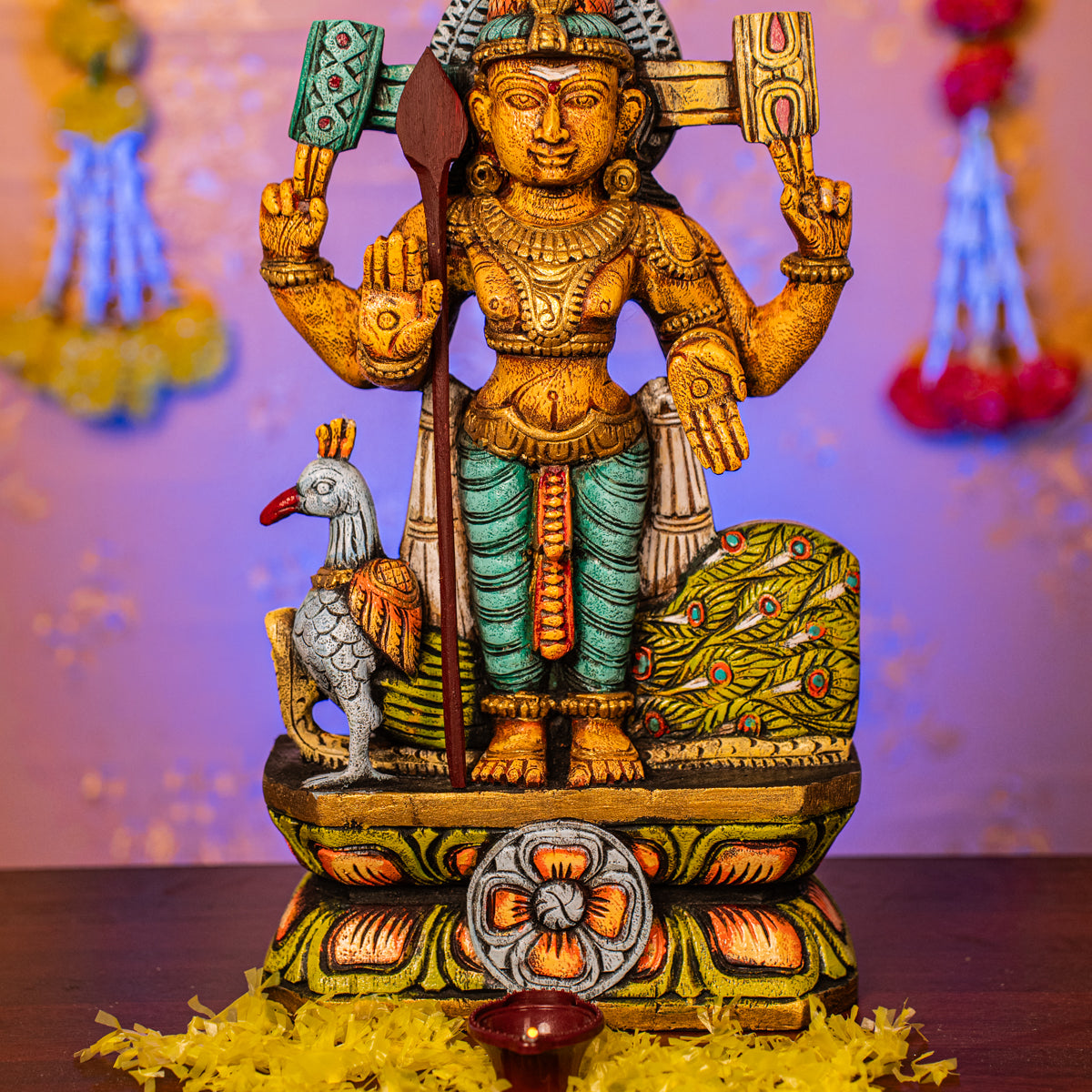 Wooden Hand Carved Painted Murugan Statue – Ikyem